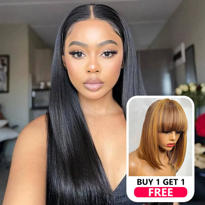 Buy One Get One Free Straight Lace Frontal Wig Plus Highlight Bob Wig ...