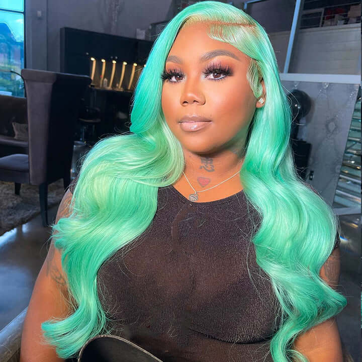 Mint Green Color Body Wave Human Hair Wigs Pre Plucked With Baby Hair ...