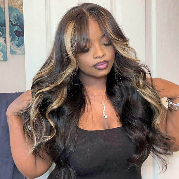 Curtain Bangs Blayage Highlight 1B/27 Color Body Wave Human Hair Gluel ...