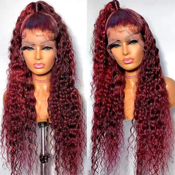 99J Burgundy Deep Wave Wig Beautiful Crimp Wave Lace Front Human Hair ...