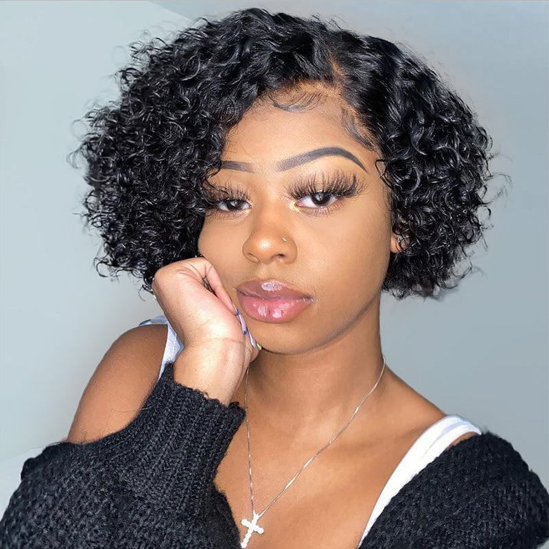 Short Curly Side Part 13x1 T Lace Bob Human Hair Wigs Pixie Cut – Bling ...