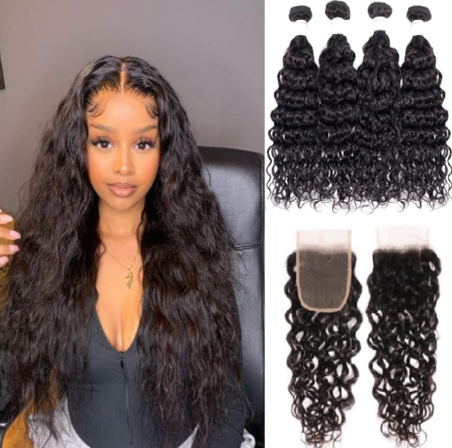 Water Wave Human Hair 4 Pics Bundles With 4×4 Closure Free Part 15A Gr ...