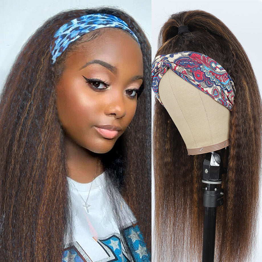 Super sale Kinky Straight Glueless Headband Wig Ombre #4/27 Human Hair ...